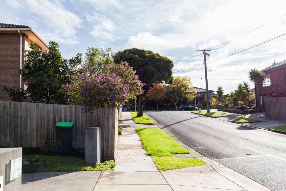 Image of street scene with footpath and homes in daylight - Austockphoto