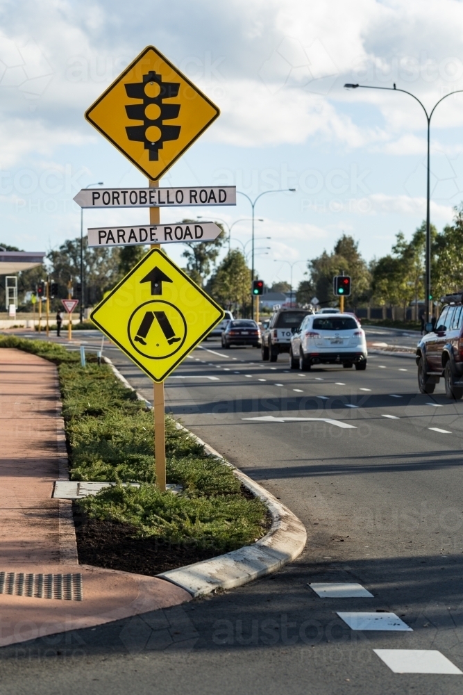 Image of Street scene with road sign - Austockphoto