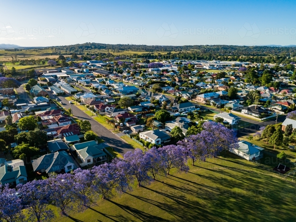 Image of Suburbs with small homes beside park in town with street lined ...