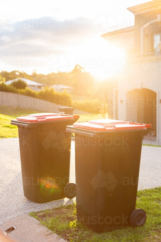 Image of Sun flare over two garbage bins on the curb outside home ...