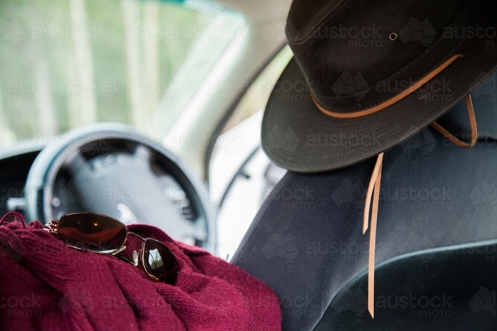 Image of Sunnies and blanket and hat in the back of a car - Austockphoto