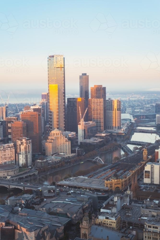 Image of sunrise over Melbourne city in winter - Austockphoto