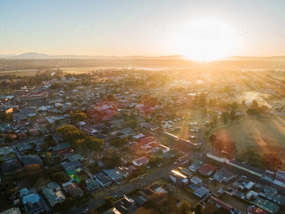 Image of Sunrise over showground caravan park area in country town of ...