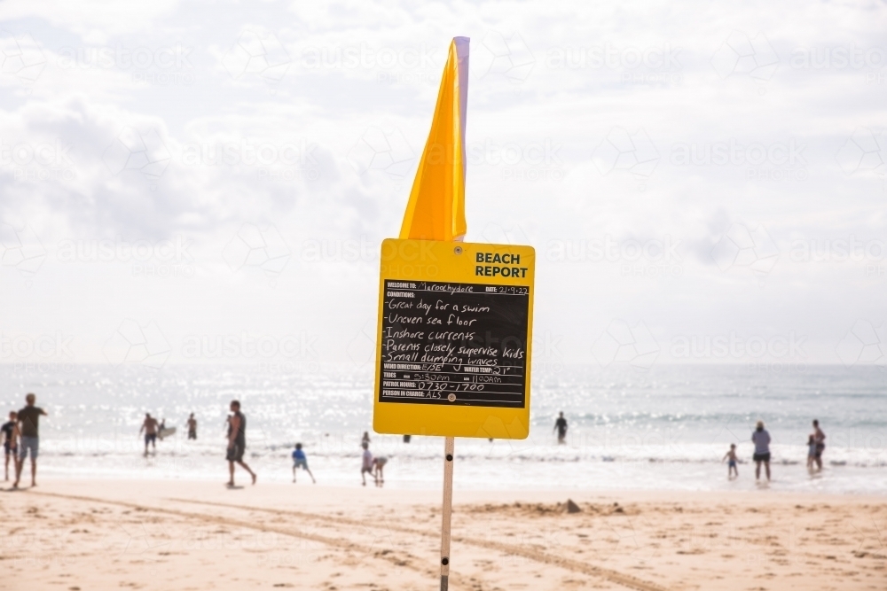 Image of surf safety beach report sign - Austockphoto