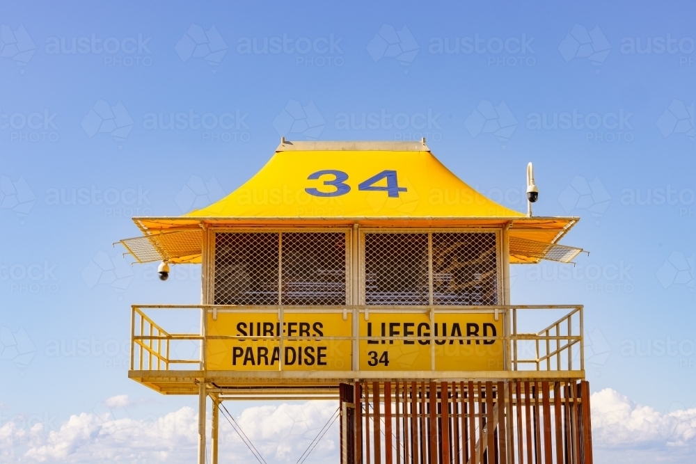 Image of Surfers Paradise Lifeguard tower on the Gold Coast - Austockphoto
