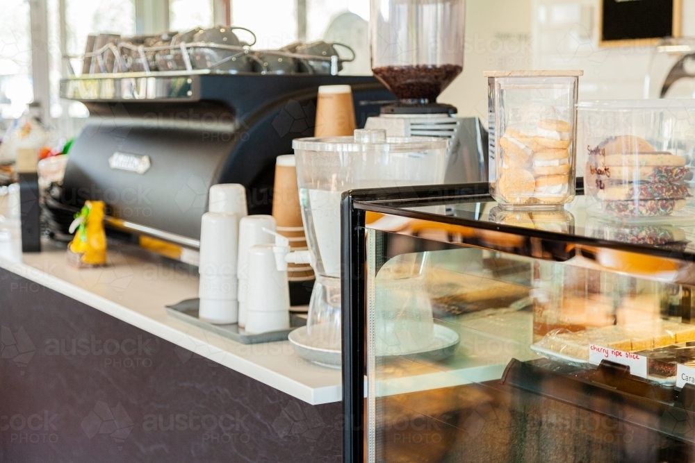 Image of sweets on display in small local café coffee shop - Austockphoto