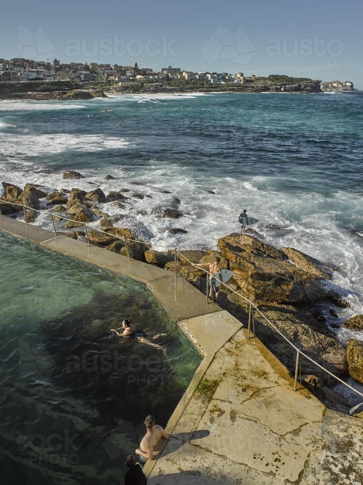 Image of swimmers and surfers at Bronte ocean pool - Austockphoto