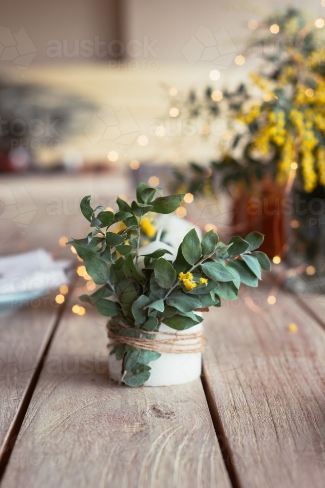 Image of table decor with wattle flower - Austockphoto