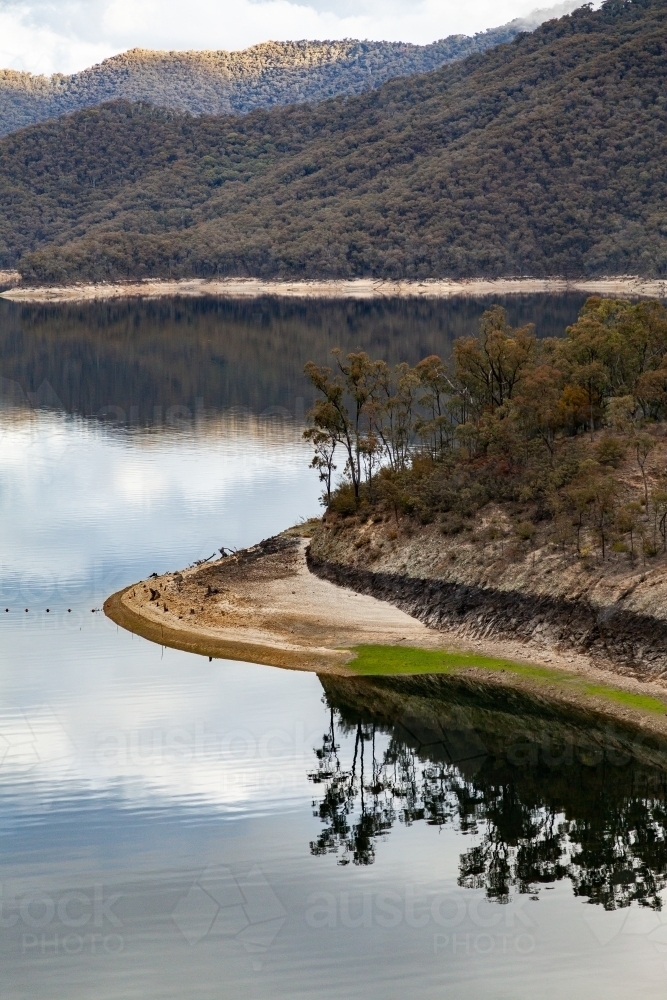 Image of Talbingo Dam scenery with still water on overcast day in early ...