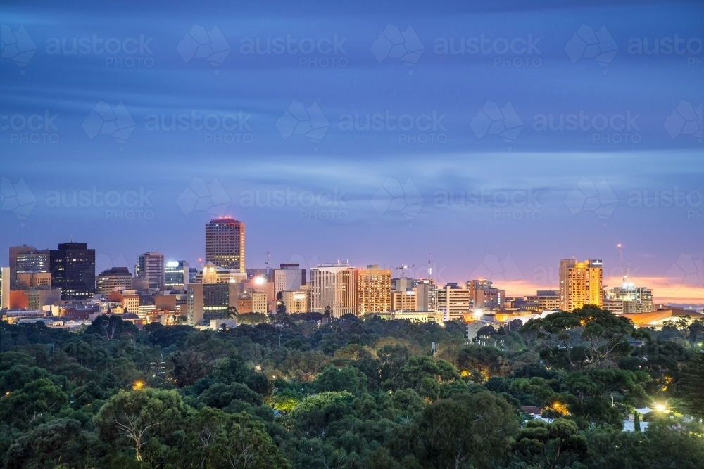 Image of The Adelaide skyline at twilight viewed over from a distance ...