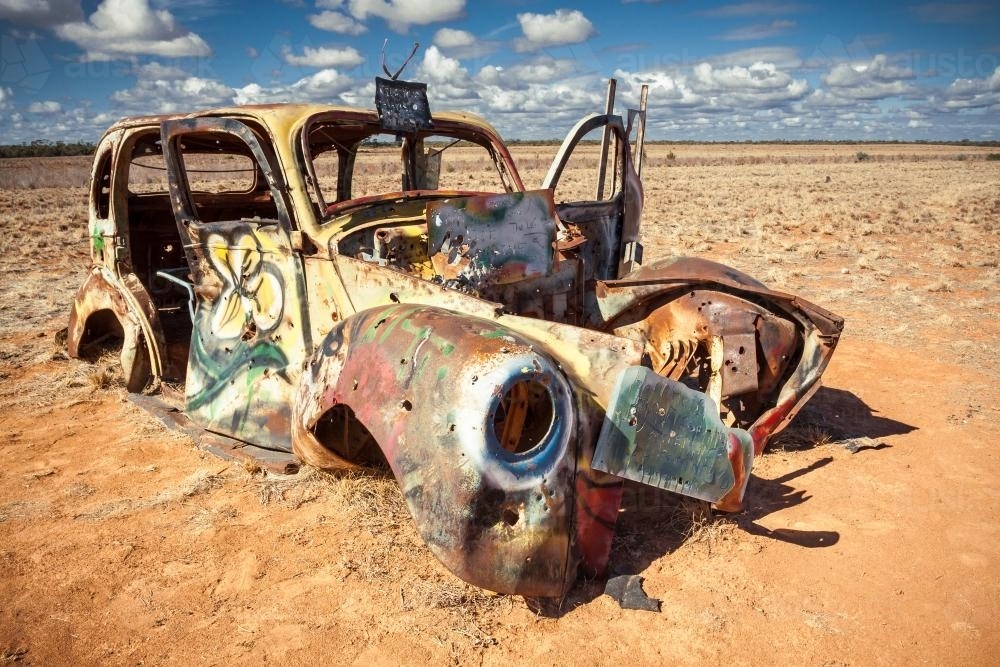 Image of The deserted wreck of an old car body in the outback ...