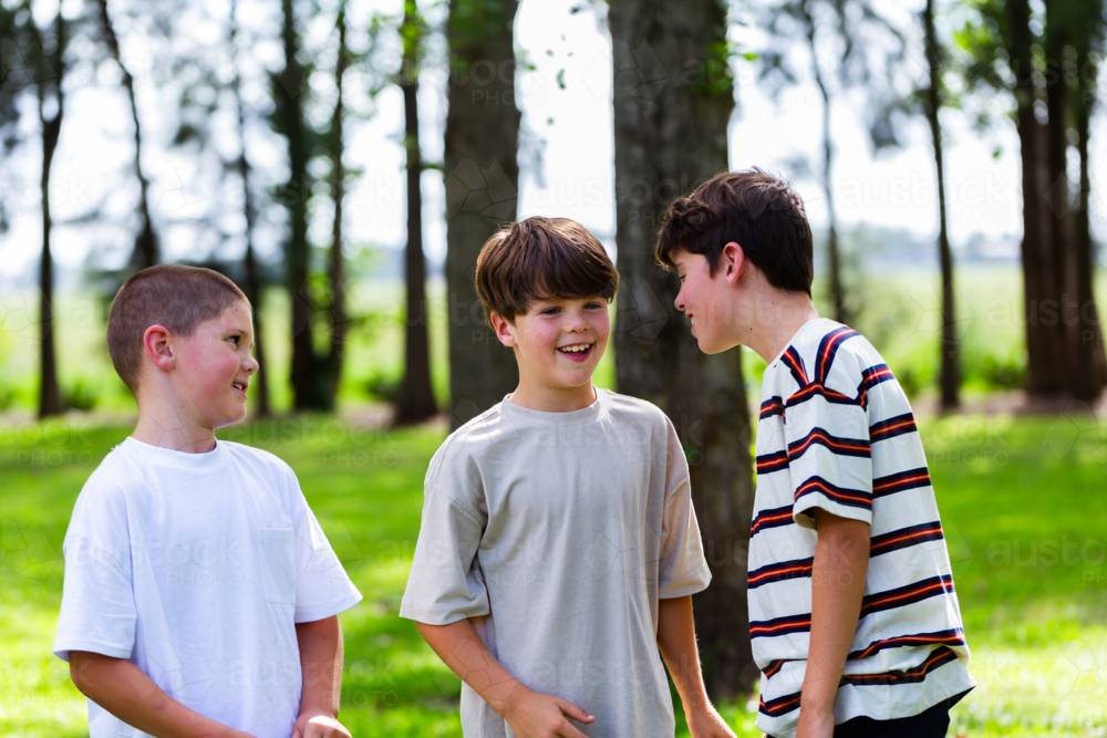 Image of Three boys talking together and smiling on green lawn among trees - Austockphoto