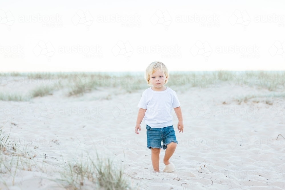 Image of Toddler boy exploring Gold Coast beach - Austockphoto