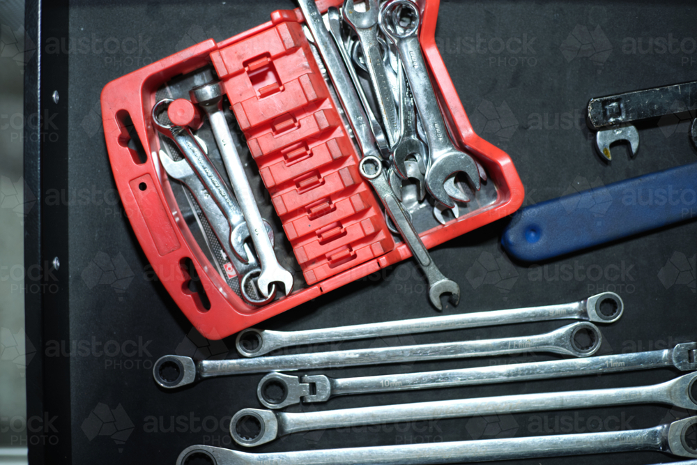 Image of Toolbox with assortment of spanners - Austockphoto