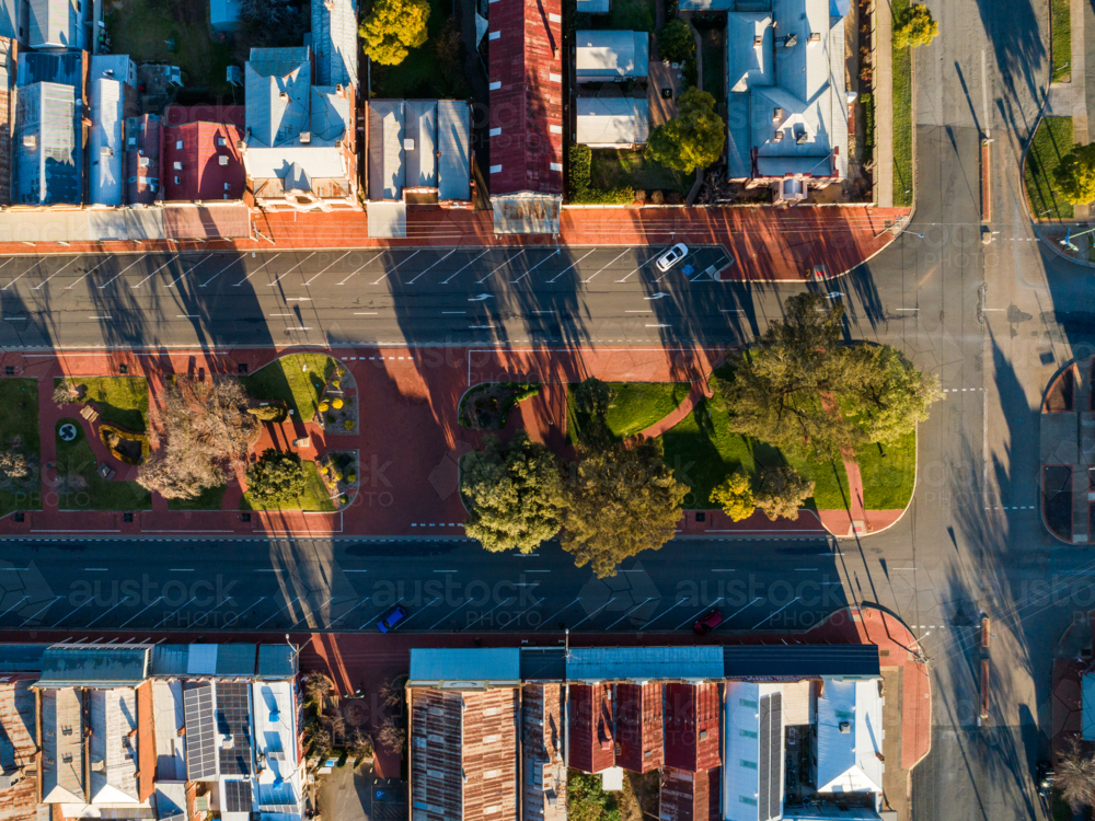 Image of Top down overhead view of main street and shop buildings in ...
