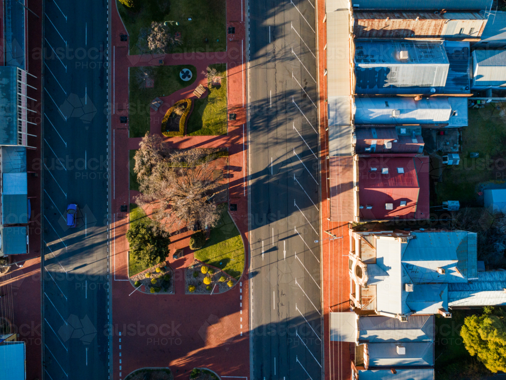 Image of Top down overhead view of main street and shop buildings in ...