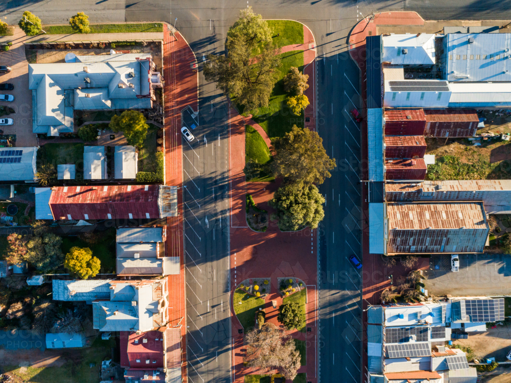 Image of Top down overhead view of main street and shop buildings in ...