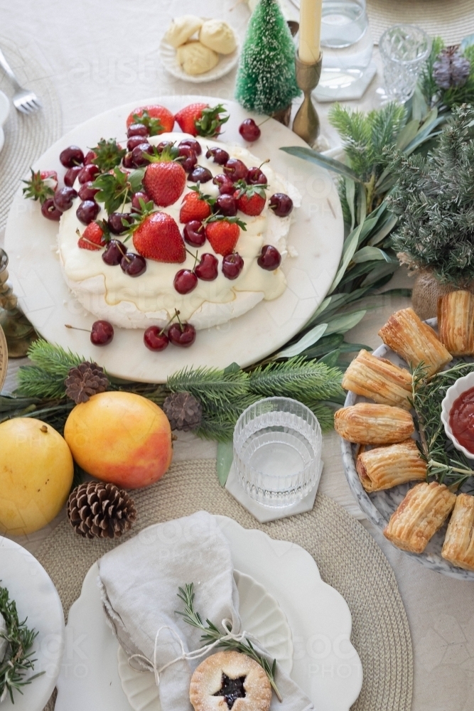 Image of Top-down shot of table prepared for Christmas meal - Austockphoto