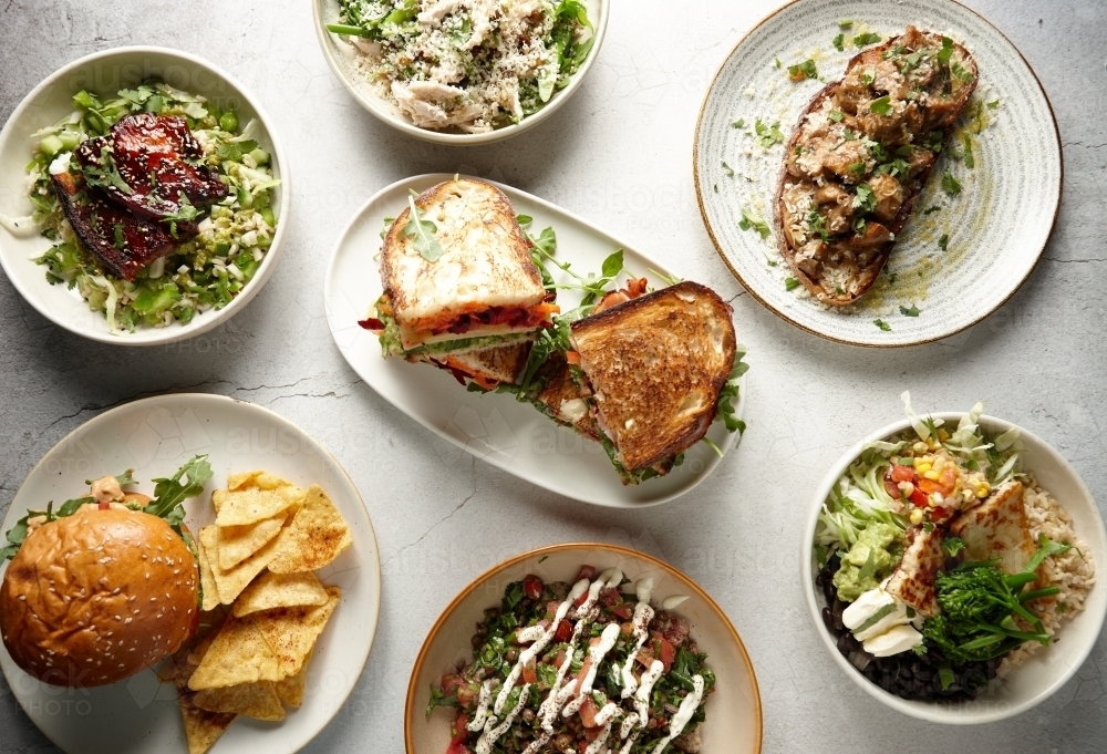 Image of Top down shot of various dishes - Austockphoto