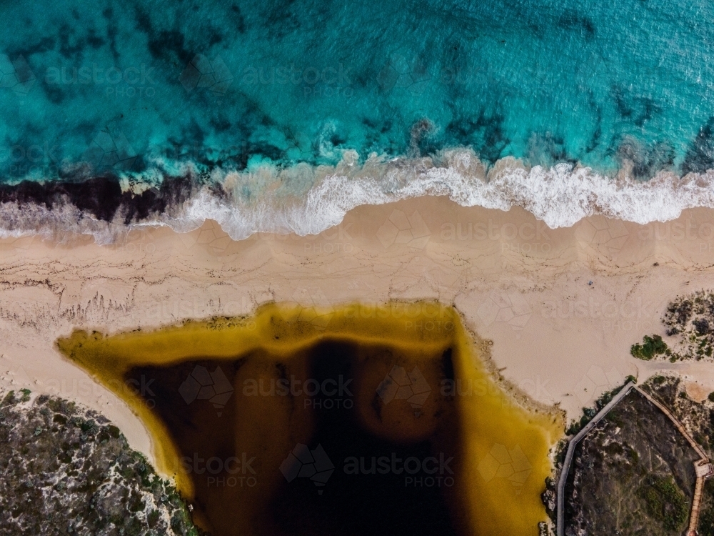 Image of top view shot of a beach with white and yellow sand, bushes ...