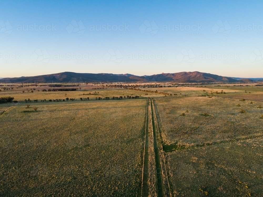 Image of Track through pastoral farm paddock at sunset seen from drone ...