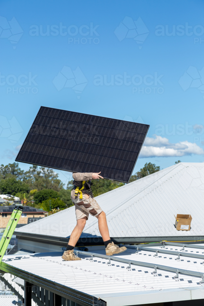 Image of Tradesman carrying solar panel onto metal roof of suburban ...
