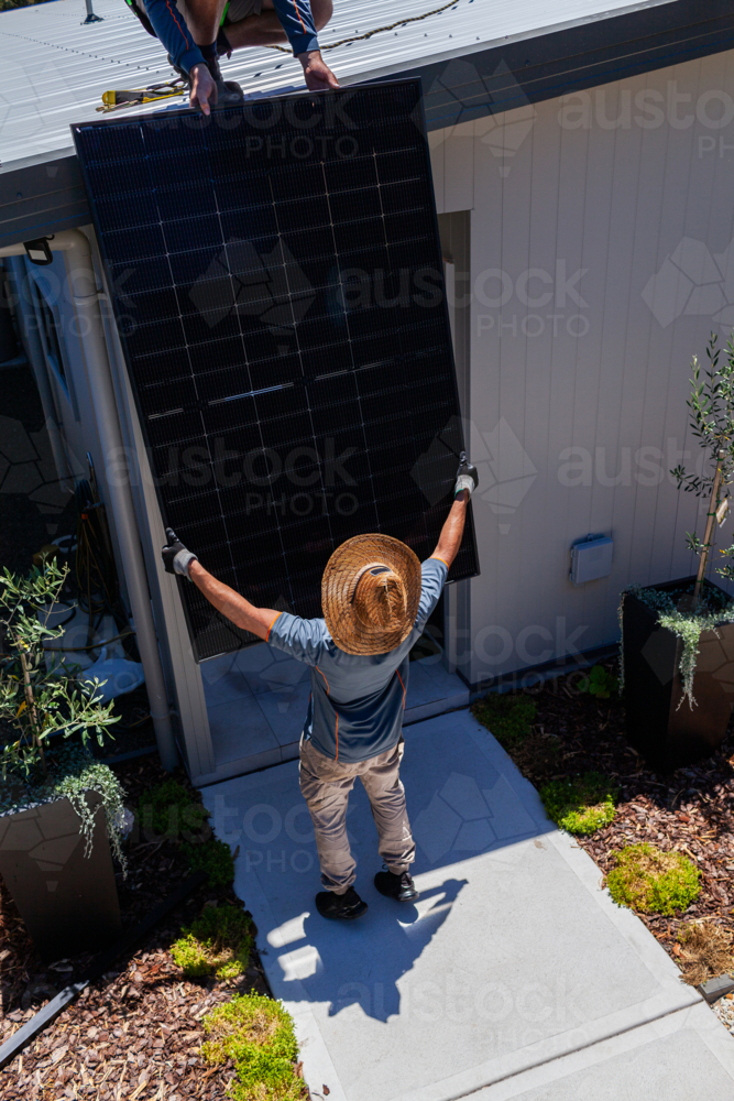 Image of Tradies using teamwork to lift large bifacial solar panels ...