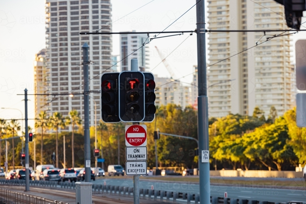 Image of Traffic lights at G:Link light rail tram crossing on the Gold ...