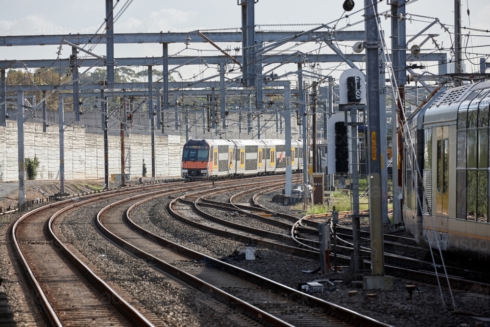 Image of Trains on network of railway tracks - Austockphoto