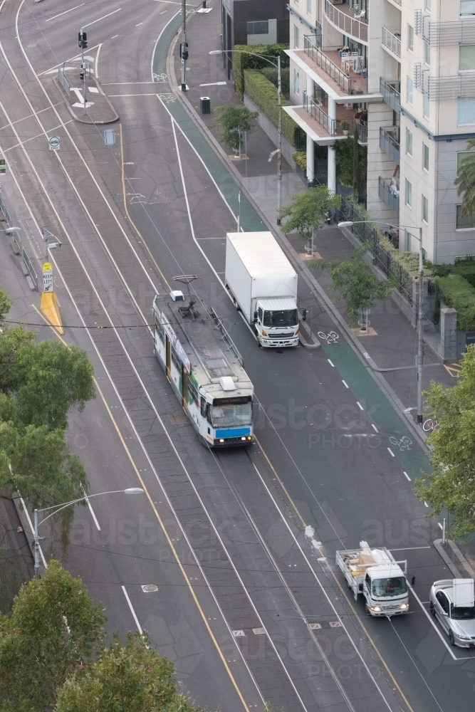 Image of Tram and traffic on main city road in Melbourne CBD from above ...