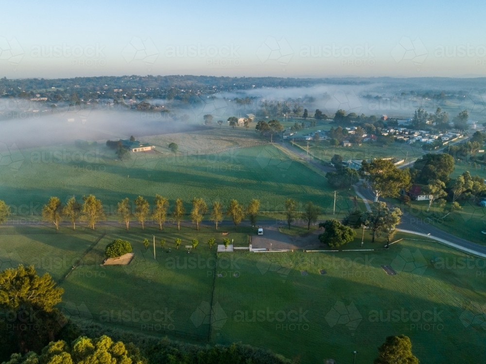Image of Tree lined road beside small green misty farm paddock in ...