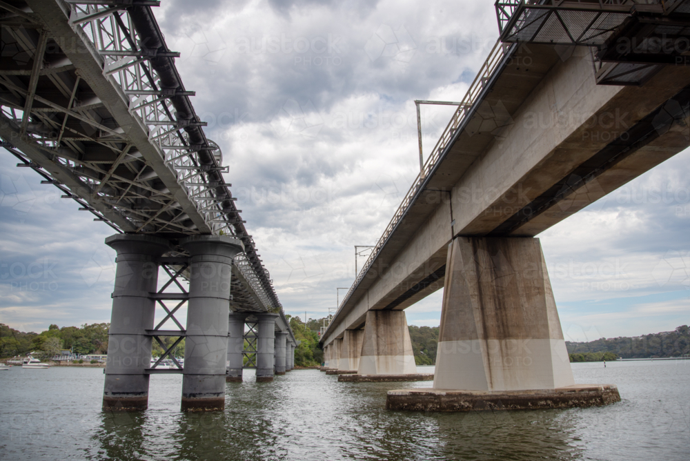Image of Twin bridges (train and pedestrian), crossing Georges River ...