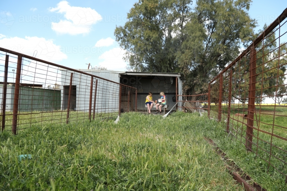 Image of Two boys sitting in shed making slime for home schooling ...
