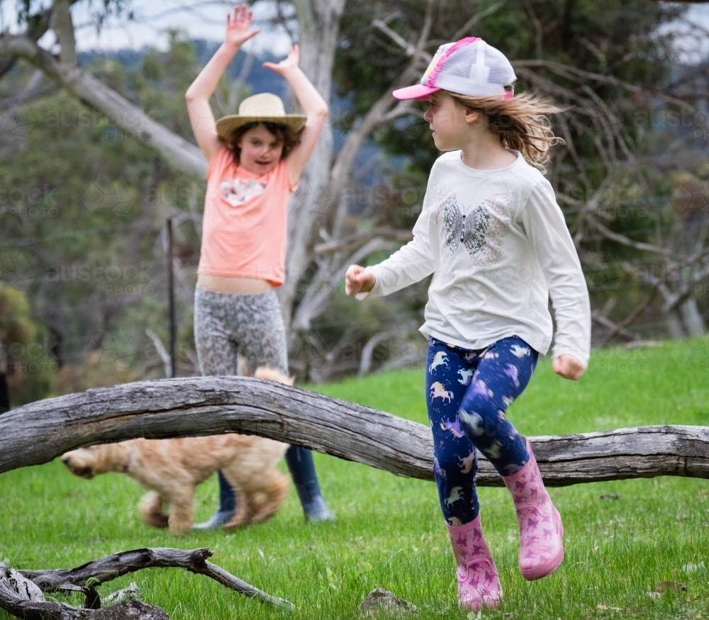 Image of Two farm girls playing with their pet dog in the open field ...
