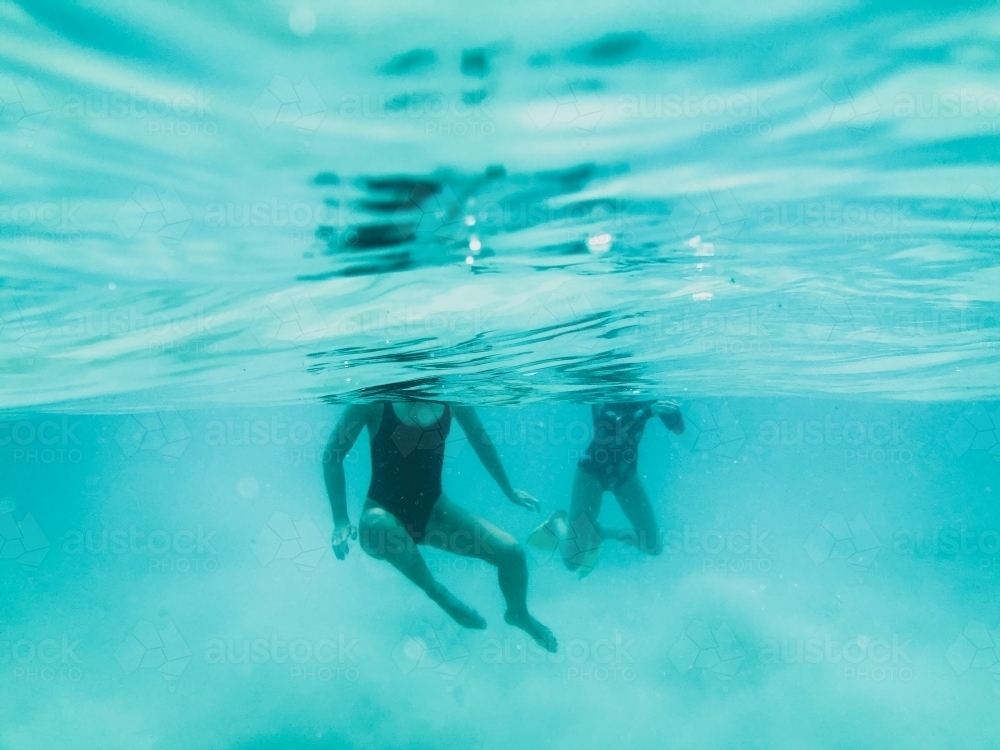 Image of Two females diving underwater swimming towards camera in ocean ...