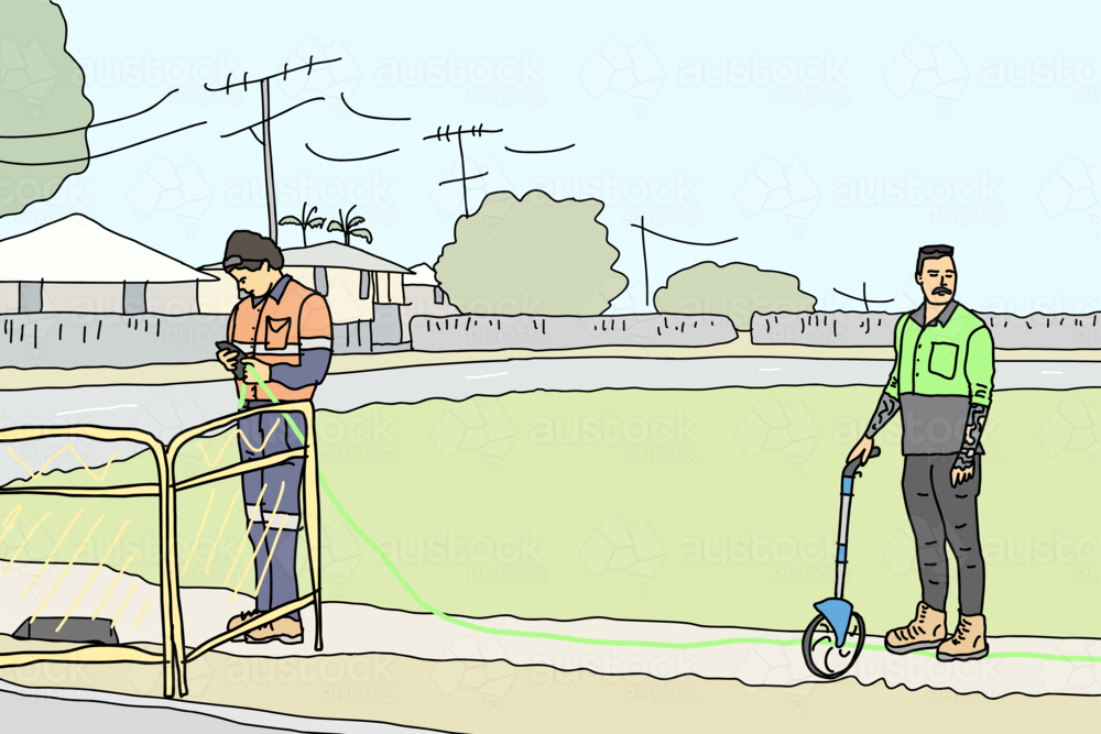 Image of Two male workers wearing hi-vis with trundle wheel and cable ...