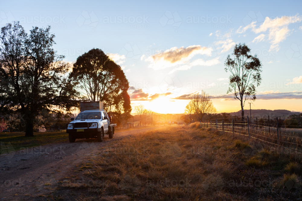 Image of ute traveling up farm gravel driveway road at sunset coming ...