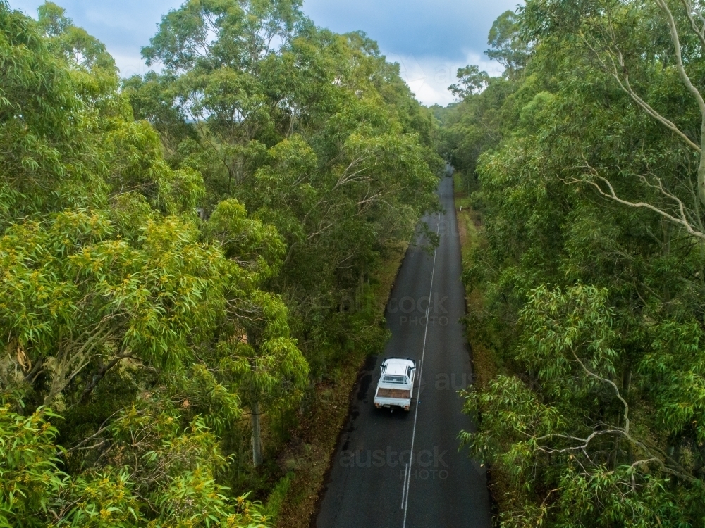 Image of ute travelling down treelined rural road aerial view from ...