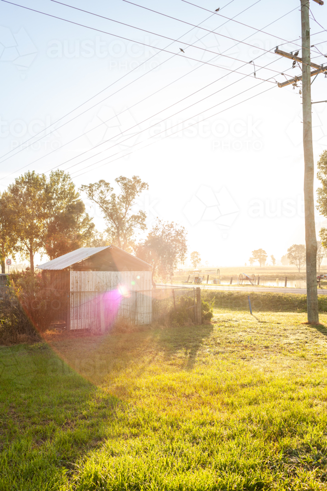 Image of utility pole and powerlines with wire at sunrise with light ...