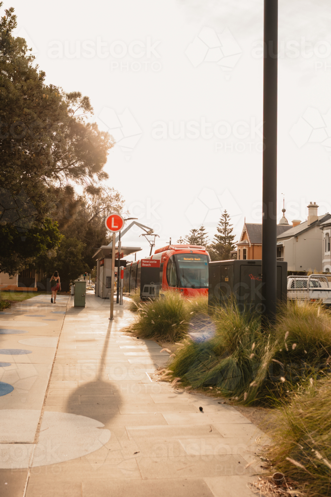 Image of Vibrant red light rail train waiting at Newcastle Beach stop ...