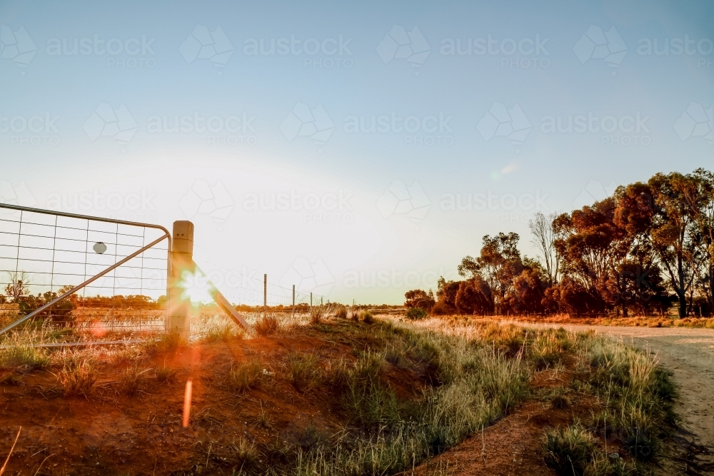 Image of Vibrant setting sun beaming through fence posts at bend in ...