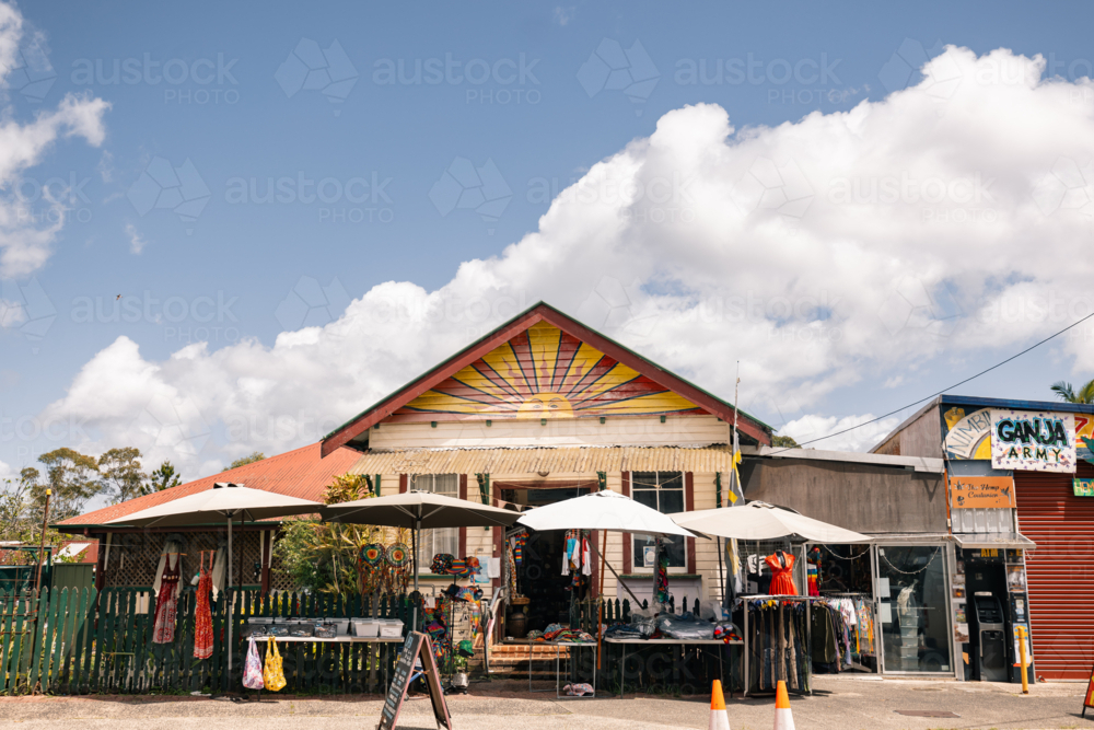 Image of Vibrant shop front in the main street of Nimbin NSW - Austockphoto