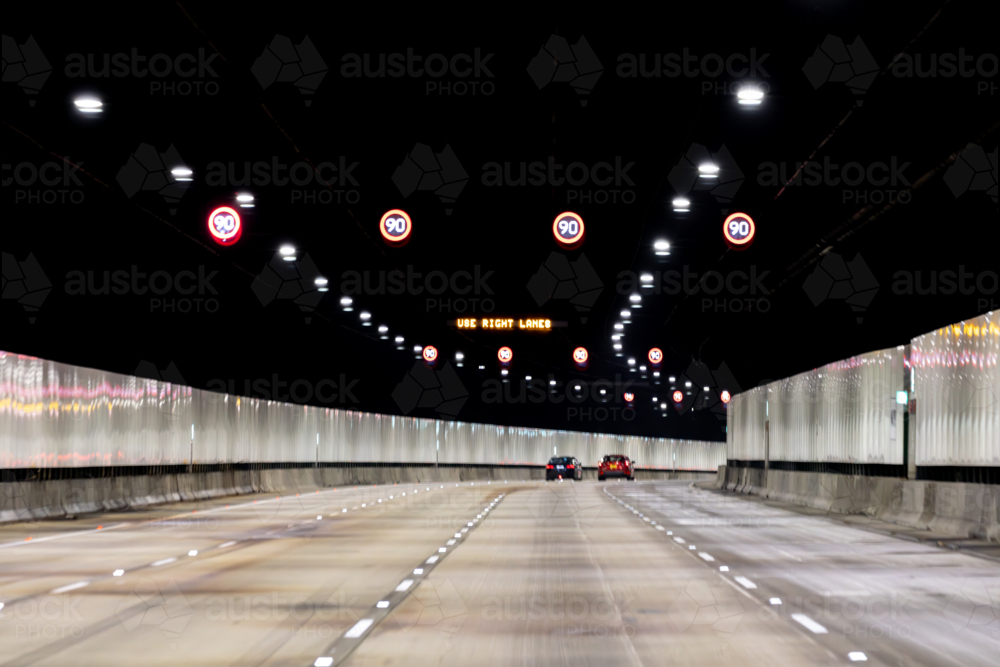 Image of View from a car, Sydney toll road tunnel showing speed signs ...