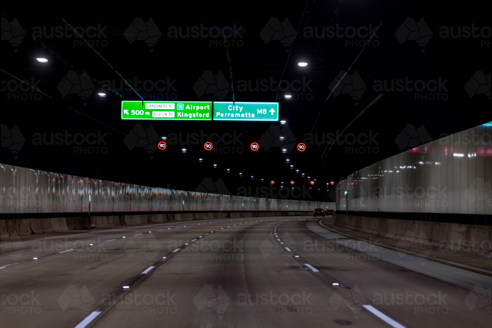 Image of View from a car, Sydney toll road tunnel showing speed signs ...
