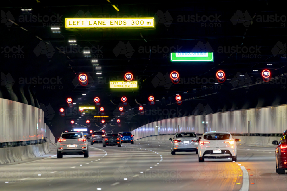 Image of View from a car, Sydney toll road tunnel showing speed signs ...