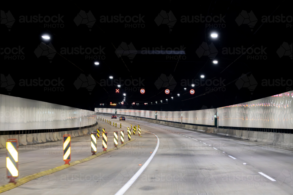 Image of View from a car, Sydney toll road tunnel showing speed signs ...