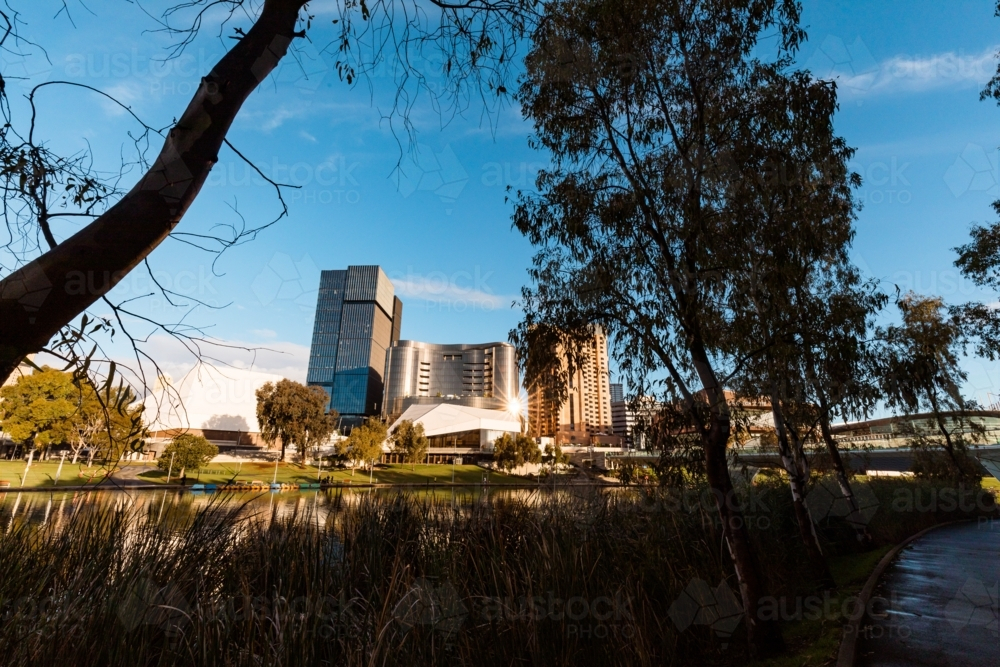 Image of View of Adelaide city across the Torrens River with late ...