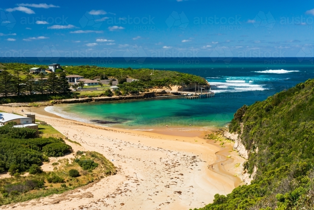 Image of View of pretty scenic cove with green, blue waters, green ...