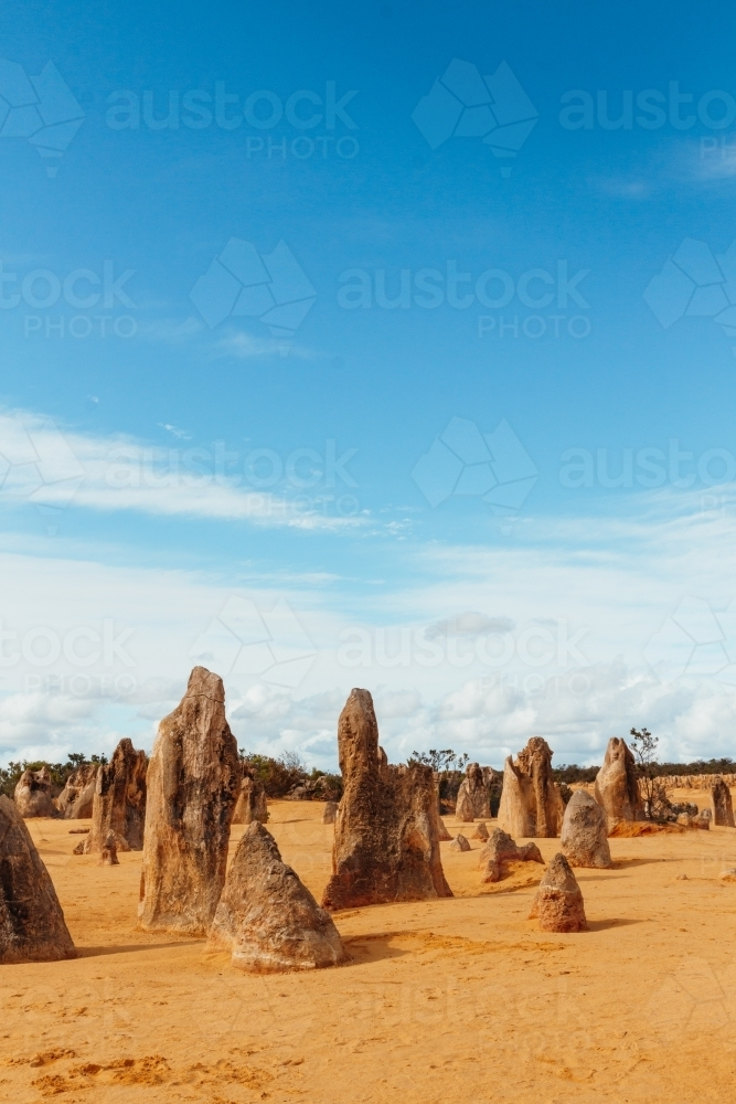 Image of view of the Pinnacles in WA orange sand under blue sky ...