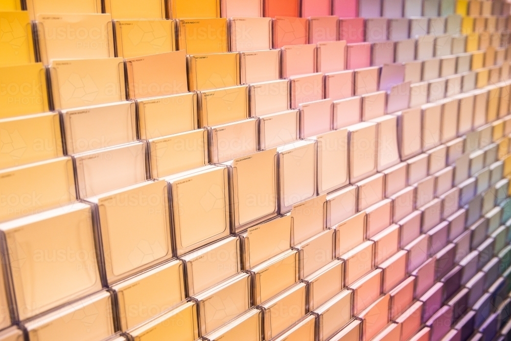 Image of wall paint colour selection cards in a shop - Austockphoto